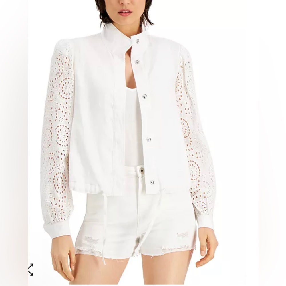 Petite Eyelet Bomber Linen Jacket - Gem